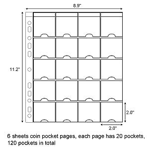 FRIMOONY 300 Cardboard Coin Holders in 6 Assorted Sizes, with 6 Sheets Coin Pocket Pages, for Coin Collection