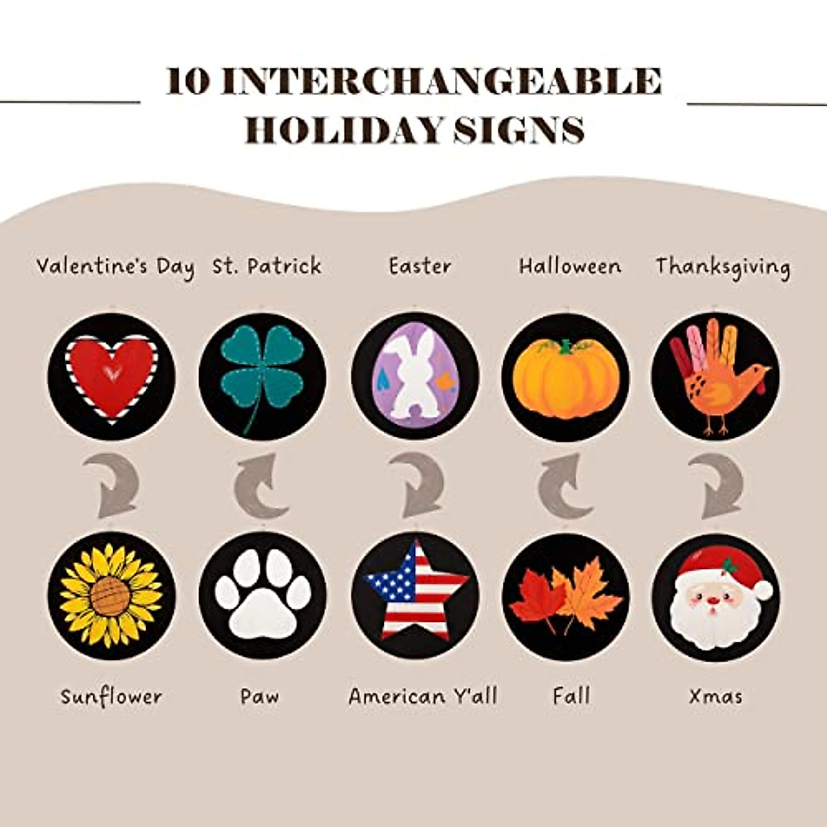 Perfnique Interchangeable Welcome Sign for Front Porch Standing, 47 x 7.9 Inch Black Wooden Leaner Sign with 10 Interchangeable Designed Icons(5 double sided disks), Modern Farmhouse Rustic Seasonal Decor for Summer American Y‘all Fall Christmas