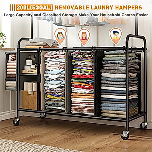Raybee Laundry Hamper, Laundry Basket, Laundry Sorter, 200L（53Gal）Laundry Basket with Wheels, Laundry Sorter 3 Section, Laundry Hamper with 13" Adjustable Hanging Bar and 3 Tier Shelves