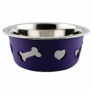 WeatherBeeta Non-Slip Stainless Steel Silicone Bone Dog Bowl, Dark Purple, 8"