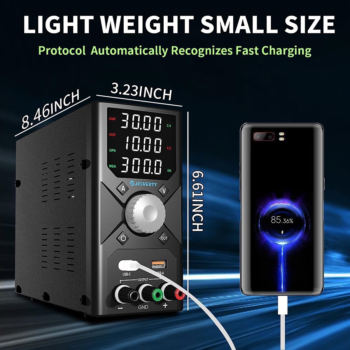 Jesverty DC Power Supply Variable, 0-60V 0-5A Adjustable Switching DC Regulated Bench Power Supply with 20W USB & Type-C Quick-Charge, Encoder Knob, 4-Digit LED Display, Preset Memory - SPS-6005X