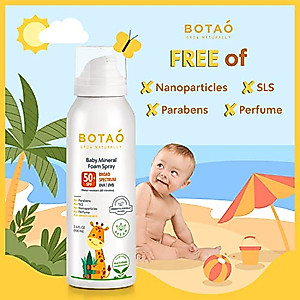 BOTAO BABY’S MINERAL SUNSCREEN FOAM SPRAY: SPF50 Broad Spectrum UVA UVB, Babies or Toddlers Sunburn Protection, Zinc Oxide, 3.4 Oz (1-Pack)