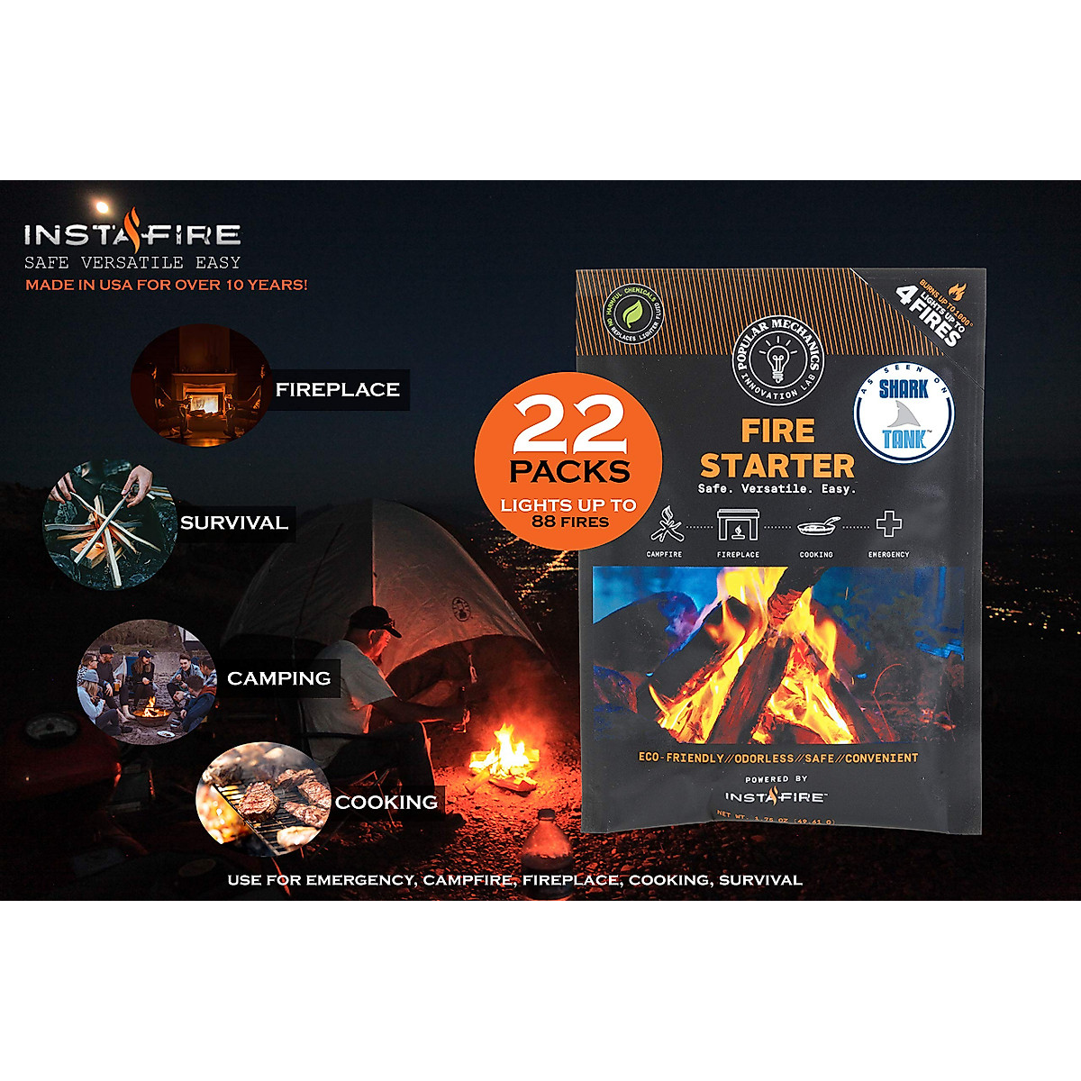 Insta-Fire Fire Starter (22 Packs) - Endorsed by Popular Mechanics - Camping, Emergencies, Hiking, Fishing, Boating, Fire Pits, Grilling, Survival, Food Storage, Boiling Water (as Seen on Shark Tank!)