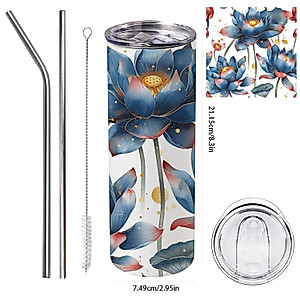 Medpol Blue Lotus tumbler with lid and straw 20 oz insulated tumbler cups Blue Lotus insulated travel coffee mugs for women cute sippy cups stainless insulated travel cups