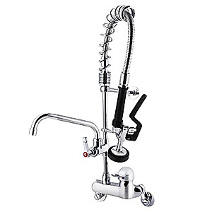 MaxSen Wall Mount Commercial Sink Faucet with Sprayer 4-8 Inch Adjustable Center 25'' Height Brass Faucet Body 8 Inch Swing Spout fit for Compartment Sink in Bar or Restaurant(M6810-1P)