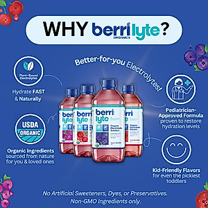 Berri Lyte Advanced Plant Based Organic Electrolyte Solution – Pediatric Rehydration Drink – Natural Sugar Strawberry Flavor, 1 L, 6 ct