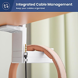 Dual Headphone Stand Holder - EURPMASK 2 in 1 PC Gaming Headset Hooks, 360 Degree Rotating Headphone Hanger with Adjustable Clamp & Cable Clip Organizer, Headset Mount Under Desk Earphone Clamp-White