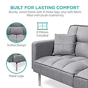 Best Choice Products Convertible Linen Fabric Tufted Split-Back Plush Futon Sofa Furniture for Living Room, Apartment, Bonus Room, Overnight Guests w/ 2 Pillows, Wood Frame, Metal Legs - Dark Gray