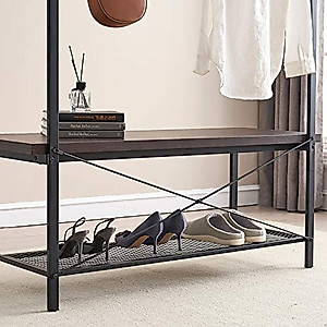 FELLYTN Small Hall Tree with Shoes Storage, Wood and Metal Coat Rack with Shoe Bench, Storage Shelf Organizer Accent Furniture with Metal Frame, Espresso 31.5x71 Inch