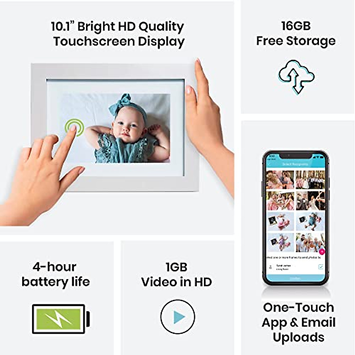 PhotoSpring 10in WiFi Digital Picture Frame with Battery, Send Photos from Anywhere via Email, App, or Web, Easy Touch Screen Setup, 1280x800 Display, Plays Videos, White