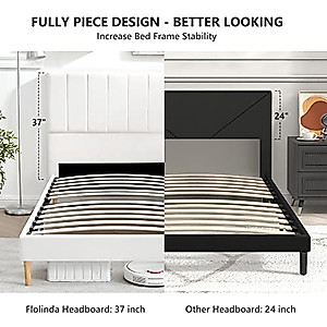 Flolinda Twin Bed Frame with Velvet Upholstered Headboard, Wooden Sprung Slat Support Extend Mattress Life, Modern Platform Bed Frame No Box Spring Needed, Easy Assembly, Cream White