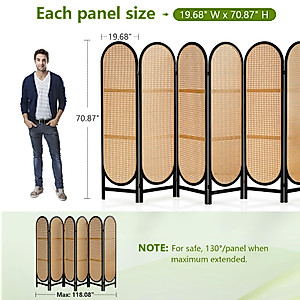 Leesinwing 6 Panels Room Dividers and Folding Privacy Screens, Hand-Woven Rattan Room Divider Wall, Wood Room Divider Freestanding Room Partitions Screen for Home Office Bedroom, Black