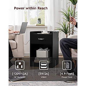 WEENFON Nightstands, Black Nightstand with Charging Station,Bedside Tables, End Table with Drawer, Open Space,Metal Handles, Large Storage,WFET16HN