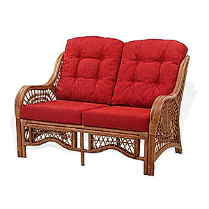 Malibu Lounge Set of 4: 2 Natural Rattan Wicker Chairs, Loveseat with Red Cushions and Coffee Table w/Glass Handmade, Colonial