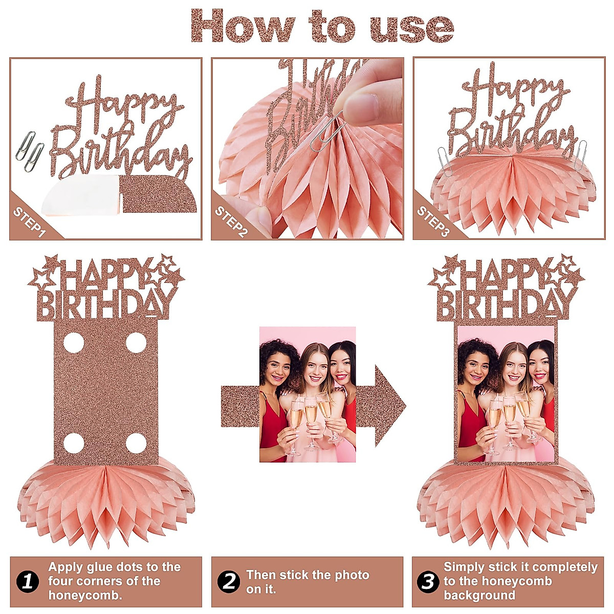 Bumqviy 8Pcs Rose Gold Birthday Decorations Honeycomb Centerpieces for Women Girl, Pink Rose Gold Glitter Birthday Photo Table Centerpiece Party Supplies, 16th 30th 40th 50th 60th Bday Table Topper