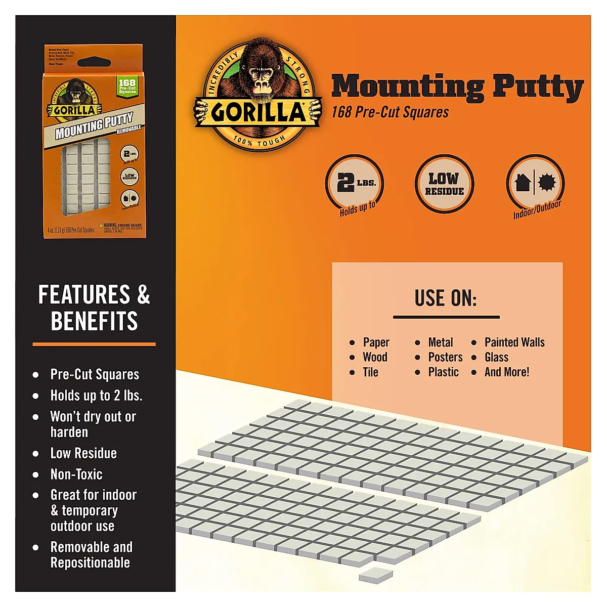 Gorilla Mounting Putty, Natural Tan Color, 168 Pre-Cut Squares (Pack of 1) - Non-Toxic Removable & Repositionable Wall Putty
