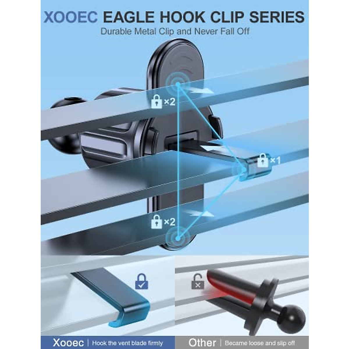 Xooec Car Phone Holder Mount, [Horizontal & Vertical Vents Friendly] Universal Stable Air Vent Cell Phone Car Mount with Metal Hook Clip for iPhone 14 13 12 11 Pro Max Samsung Galaxy Note S21 Ultra