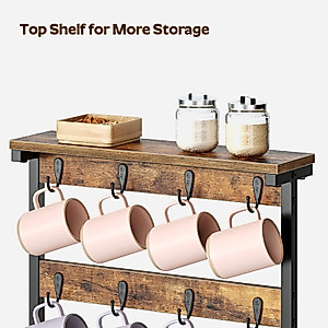 YATINEY Coffee Mug Holder for Counter, 2 Tier Mug Tree Rack, with 8 Hook and 2 Open Shelves, Vintage Mug Holder Stand for Home Kitchen, Rustic Brown MH43BR