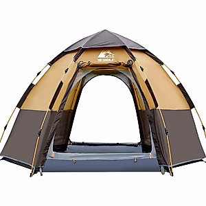 HEWOLF Camping Tent 3 to 4 Person Automatic Pop Up Tent Hexagonal Hydraulic Tents Waterproof UV Protection Dome Tent Double Layer Ultra Large Family Tent for Garden Camping Hiking Tents - Camel