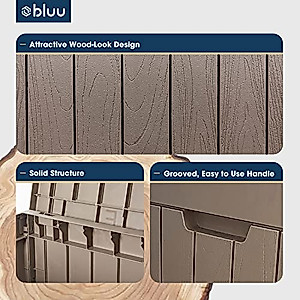 BLUU Deck Box 32 Gallon, Outdoor Storage Box for Patio Cushion, Pillows, Toys, Garden Tool and Hose Storage, Waterproof Material with Lockable Lid & Side Handles, Wood Grain Texture, Taupe