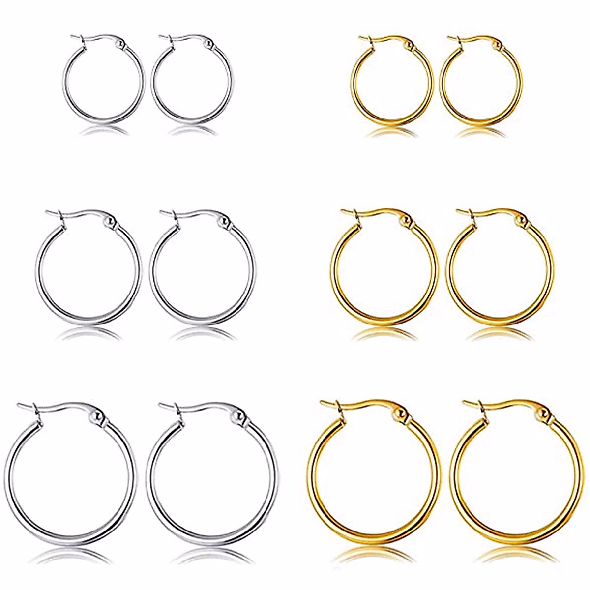 6 Pairs Gold Silver Hoop Earrings for Women Men, Small Endless Stainless Steel Hypoallergenic Earrings Set, Lightweight Nickel Free Cartilage Earingings