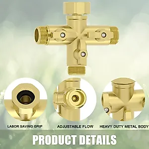 YANWOO Heavy Duty Metal 3 Way + Type Garden Hose Splitter with Shut-Off Valves, 3/4" High Flow Spigot Faucet Connectors with 4 Extra Silicone Washers