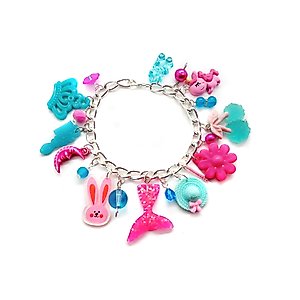 Pink and Blue Chunky Charm Bracelet with Kawaii Charms, Resin Cabochon Pendant Chain, Mermaid Unicorn and Fruit Theme, Adjustable