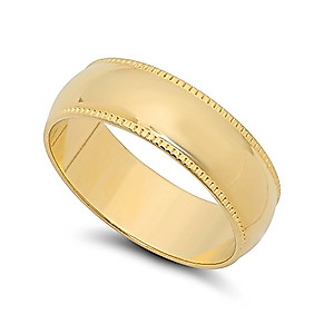 The Bling Factory 14k Yellow Gold Heavy Plated 6mm Milgrain Edged Domed Wedding Band, Size 6