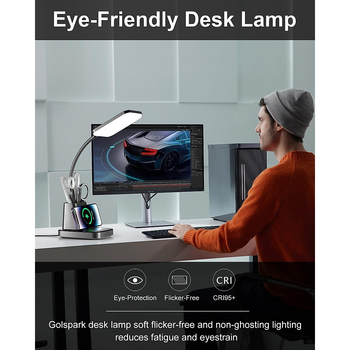 GOLSPARK Desk Lamp with Wireless Charger, LED Desk Lamp for Home Office 3 Color Modes CRI90+ Eye-Caring Reading Light with Pen Holder, Dimmable Gooseneck Touch Control Table Lamp for College Dorm Room