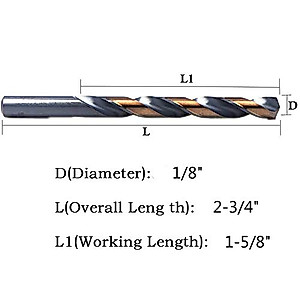 12 PCS,1/8", HSS Black and Gold Coated Twist Drill Bits, Metal Drill, Ideal for Drilling on mild Steel, Copper, Aluminum, Zinc Alloy etc. Pack in Plastic Bag