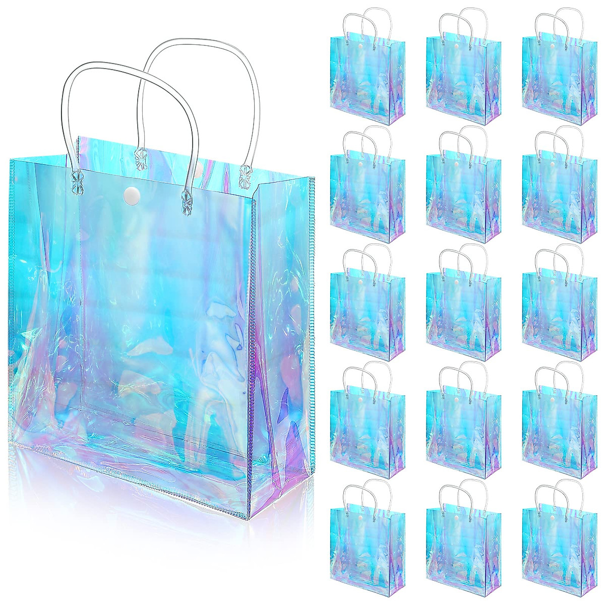 Sherr 16 Pcs Holographic Small Gift Bag Reusable Iridescent Clear Bags for Women PVC Plastic Goodie Bags with Handles for Shopping Christmas Holiday Gift Party Favor(Rainbow, 7.87" x 7.87" x 3.15")