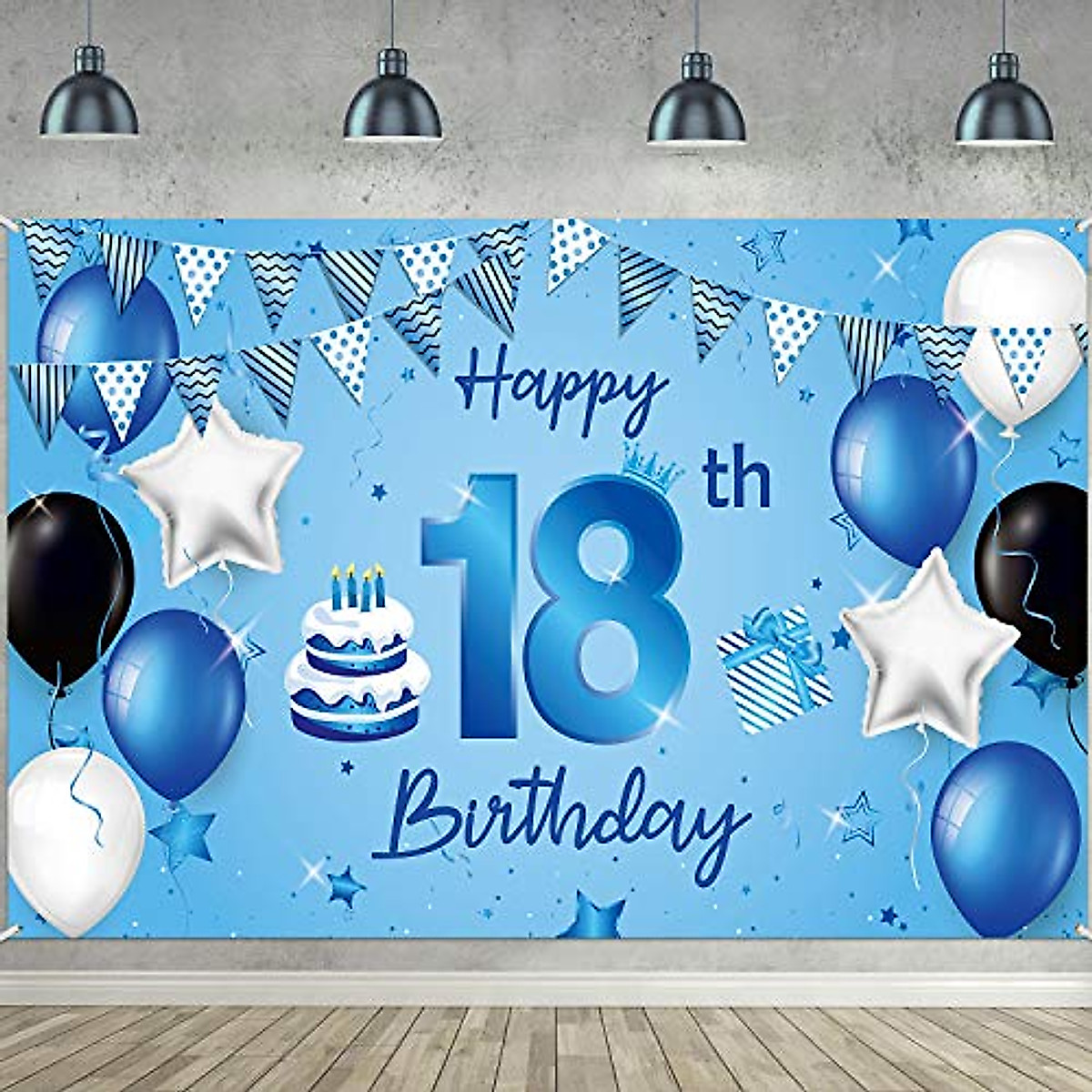 Happy 18th Birthday Backdrop Banner Extra Large Fabric Blue 18th Birthday Sign Poster Photography Background Backdrop Banner for 18th Birthday Anniversary Party Decorations Supplies, 72.8 x 43.3 Inch