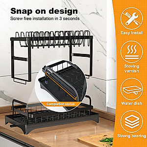 SRIVIJA 2 Tier Detachable Large Sink Dish Drying Rack Over The Kitchen Counter with Drainboard&Silicone Dish Drying Mat,Kitchen Large 2 Tier Stainless Steel Drying Rack with Dishes Drainer(Black)