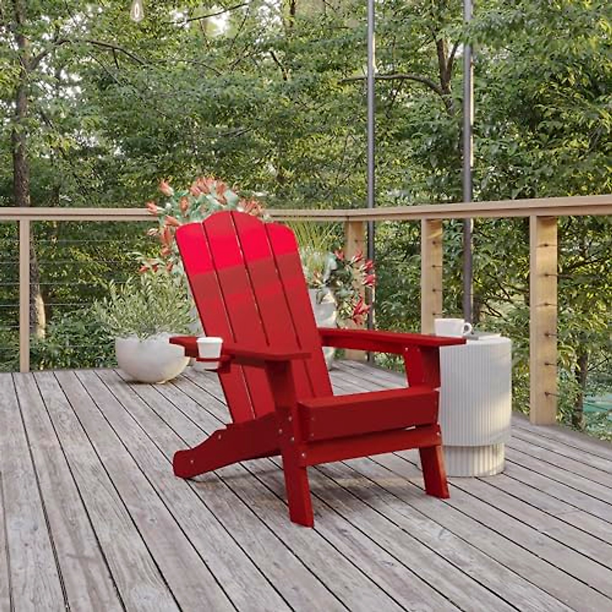 Flash Furniture Newport Adirondack Chair with Cup Holder, Weather Resistant Poly Resin Adirondack Chair, Red