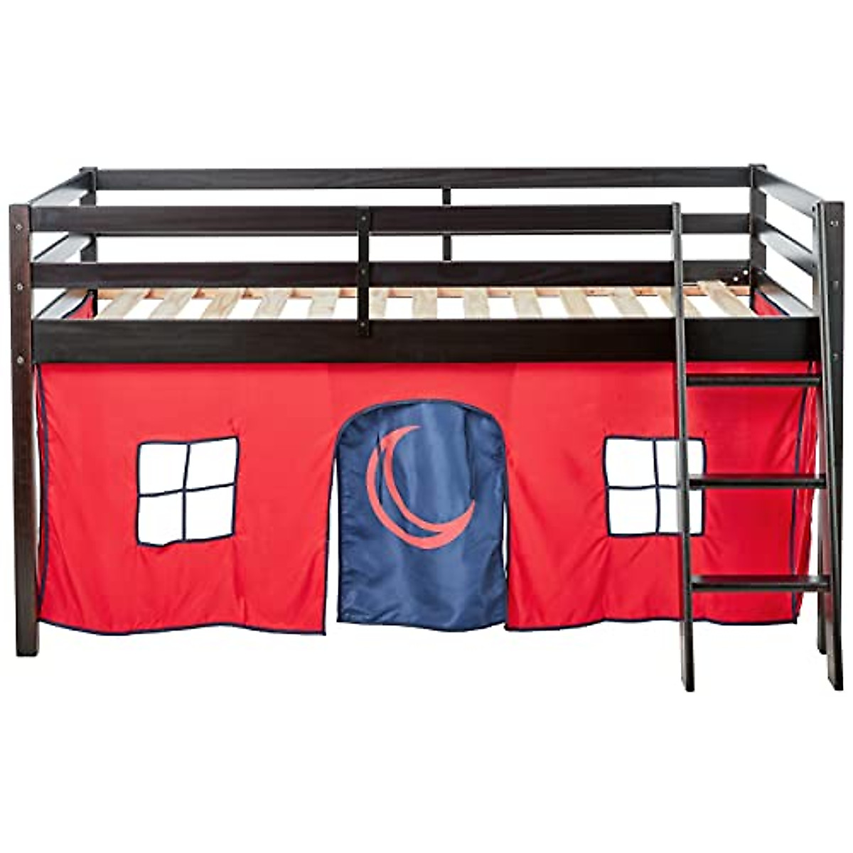 Alaterre Furniture Roxy Pine Twin Junior Loft Bed, Espresso with Red & Blue Tent