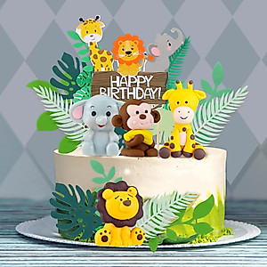 Marsui 36 Pcs Safari Cake Topper Leaves Cake Decorations Elephant Birthday Cake Toppers Jungle Animals Cakes Toppers Woodland Animal Tiger Lion for Party Baby Shower Birthday Supplies