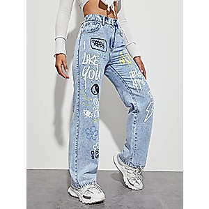 Floerns Women's Pattern Printed High Waist Wide Leg Straight Denim Jeans Pants Blue M