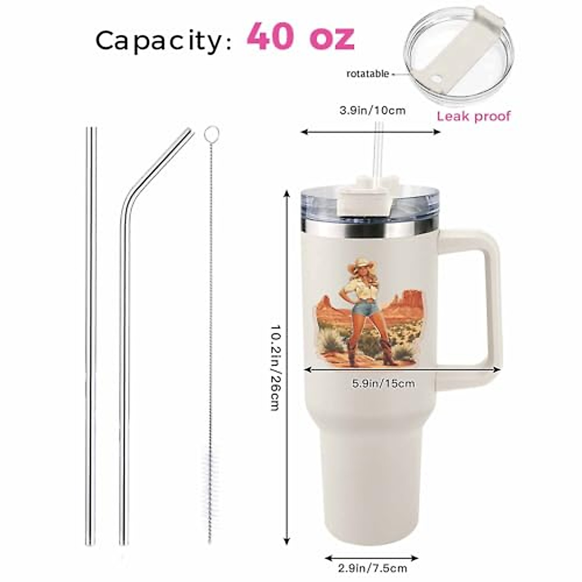 40 Oz Insulated Tumbler with Handle and Straw,Hat Girl In Desert Stainless Steel Vacuum Insulated Travel Mug,Leak-proof Water Bottle Iced Coffee Cup,Rustic Cartoon Western Cowgirl