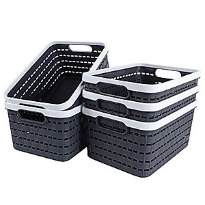 5Pack Plastic Storage Basket Dark Gray, Desktop Weave Baskets with Handle, Portable Bathroom Open Storage Bin, Small Plastic Containers Shelf Brackets for Shelves Countertop Kitchen Cabinet Office