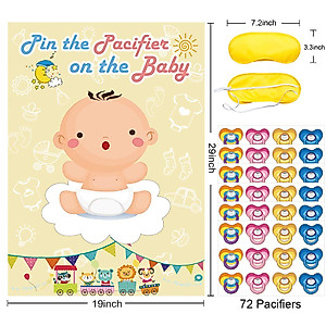 Hooqict Pin The Pacifier On The Baby Game, Baby Pacifier Games Poster with 72pcs Pacifiers Stickers Baby Shower Games Party Favors Girls Boys Kids Birthday Party Supplies