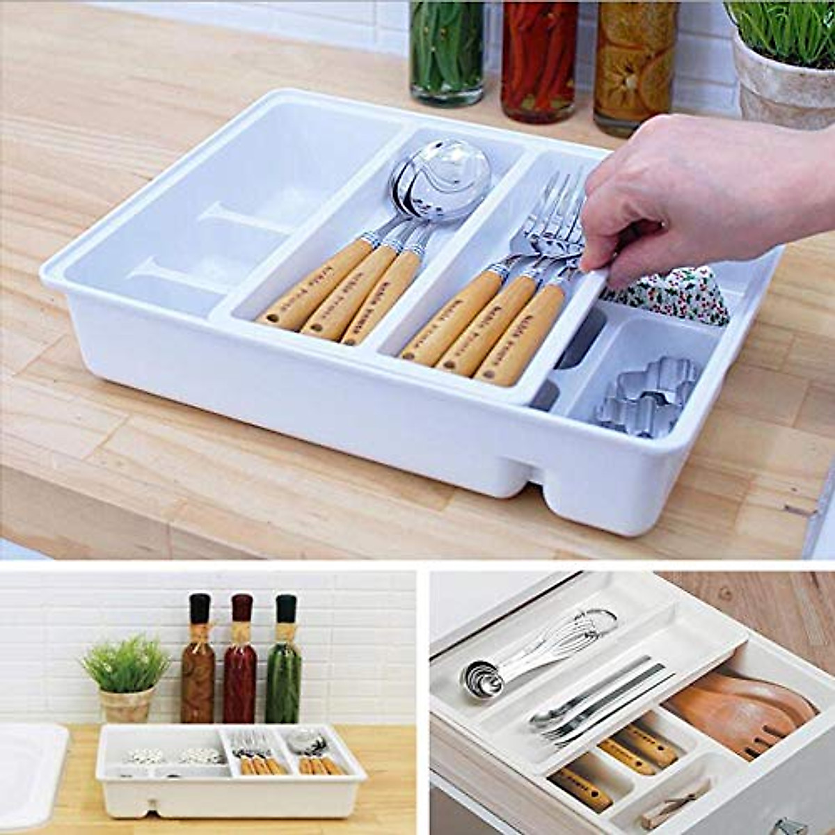 weemoment Adjustable, Expandable Compartment Kitchen Cabinet Drawer Organizer Tray - Divided Sections for Cutlery, Serving Spoons, Cooking Utensils, Gadgets - BPA Free, Food Safe