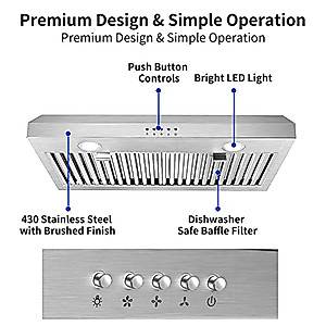 SNDOAS Under Cabinet Range Hood 30 Inch with 3 Way Venting,Stainless Steel Range Hood w/Baffle Filters,Ductless Range Hood 500 CFM,Kitchen Vent Hood,Under Cabinet Hood,3 Speed Exhaust Fan