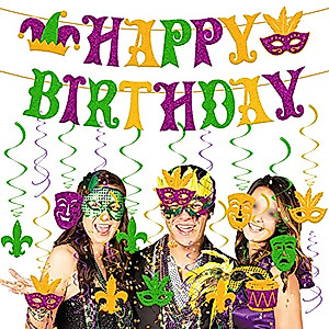 Mardi Gras Birthday Decoration Carnival Happy Birthday Banner Glitter Green Gold Purple Hanging Swirls Decor Fat Tuesday New Orleans Masquerade fleur de lis Theme Festival Party Supplies