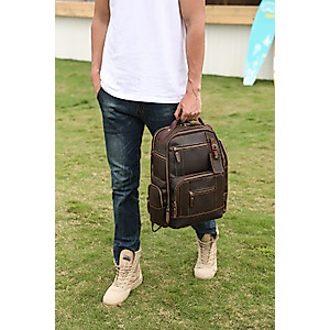 LANNSYNE Men's Vintage Full Grain Leather 15.6 Inch Laptop Backpack Camping Travel 24L Rucksack