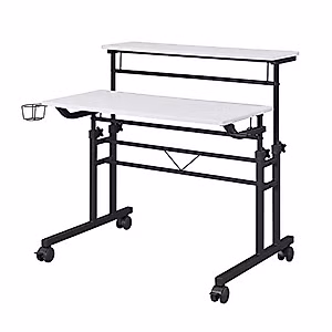 Techni Mobili Rolling Writing Height Adjustable Desktop and Moveable Shelf Desk, 25" D x 44.5" W x 28-39.75" H, White