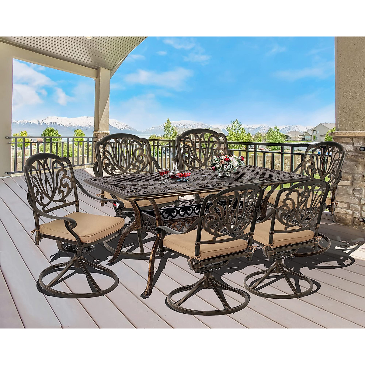 TITIMO 7 Piece Cast Aluminum Patio Dining Set, Outdoor Dining Furniture Patio Table and Chairs Set,6 Floral Pattern Swivel Rocker Chairs with Cushions (Khaki)