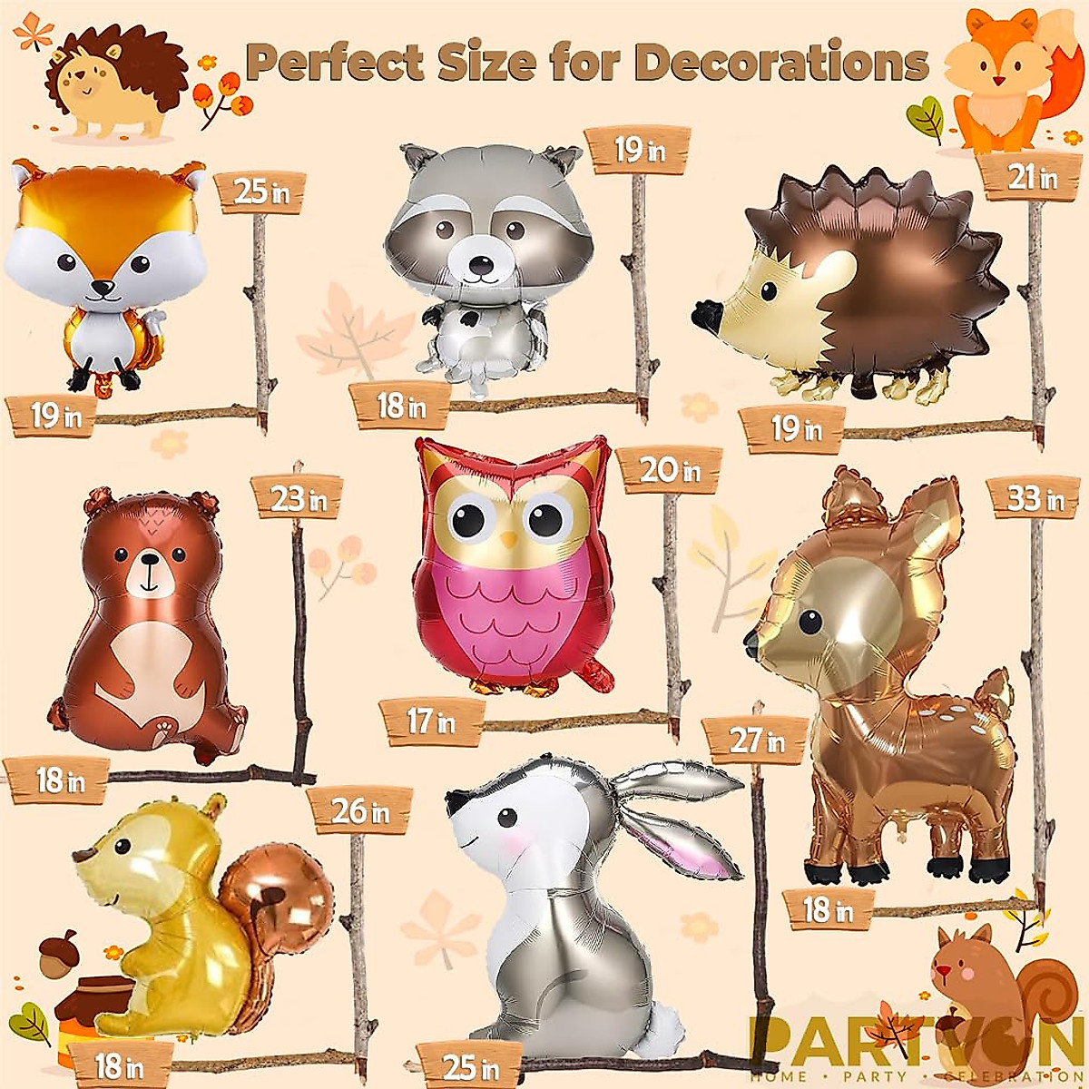 13 Pieces Woodland Animal Balloons, Forest Animals Foil Mylar Balloon for Woodland Themed Baby Shower Birthday Fall Party Decorations
