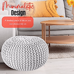 ELYFLAIR® Pouf Ottoman Hand Knitted – Elegant and Simple Knitted Pouf – Multipurpose Handmade Pouf Ottoman for Bedroom, Living Room – Comfortable Cotton Ottoman Foot Rest (White, 17,7⌀ inches)