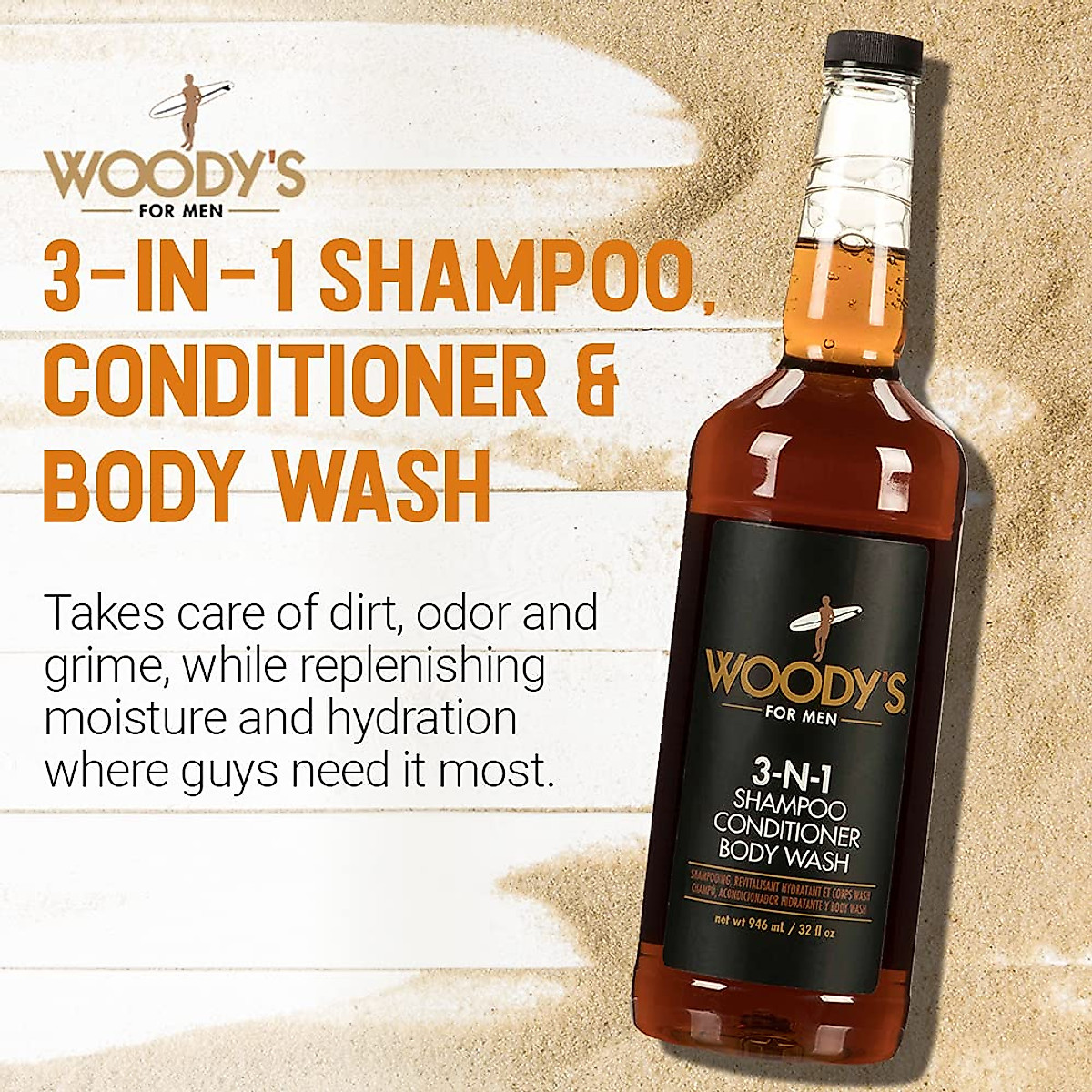 Woody's 3 in 1 Body Wash for Men - Shampoo, Conditioner, & Body Wash, Multipurpose Cleanser With Marine Extracts, Cucumber Fruit Extract, and Aloe Vera - 32 Fl Oz