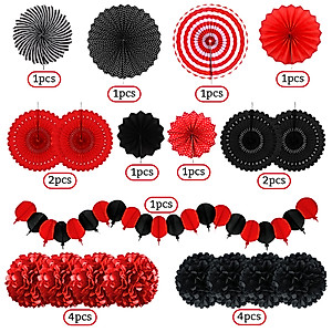 Recosis Red and Black Party Decorations, Papar Fans Pompoms Fans Garlands for Birthday Wedding Graduation Game Night Boy Girl Party Decorations